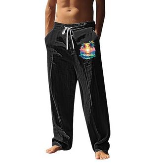 Generic Pantalon surdimensionn&eacute; en coton et lin pour homme, d&eacute;contract&eacute;, tendance, ample, imprim&eacute; noix de coco 3D, pantalon coupe r&eacute;guli&egrave;re, Noir, XXL