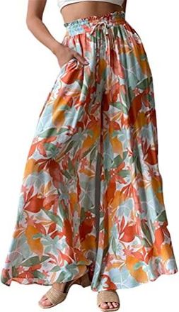 Onsoyours Pantalon Large Fluide Femme Été Grande Taille Baggy Pantalons Taille élastique Ample Casual Couleur Unie Taille Haute Pants Droit Trousers de Plage Dé