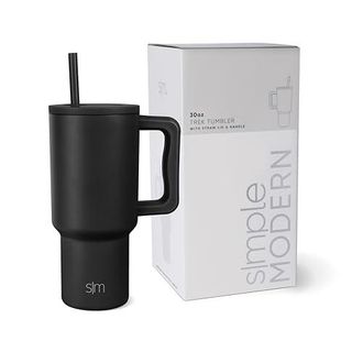 Simple Modern Mug Isotherme avec Poignée et Paille | Gourde Isotherme en Acier Inoxydable | Vaso de viaje para café helado | Trek | 890ml | Midnight Black
