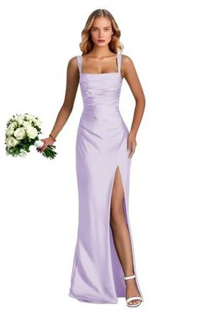 Generic Robe de demoiselle dhonneur en satin pour femme - Robe de bal sir&egrave;ne - Bretelles spaghetti - Corset long pliss&eacute; - Robe de soir&eacute;e formelle avec fente, 