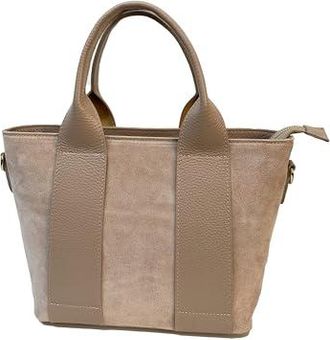 Generico Sac à main pour femme en cuir véritable et daim, élégant fourre-tout fabriqué en Italie, Poudre