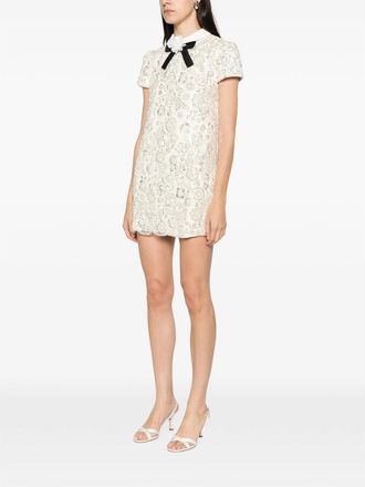 Self Portrait Floral Sequin Peter Pan Collar Dress - Beige
