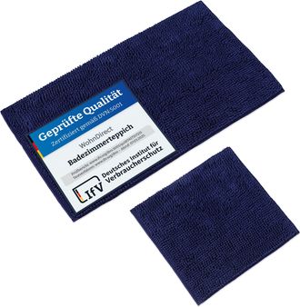 WohnDirect Badematten Set 2 teilig Dunkelblau - WC Vorleger (45x45cm), Badematte (50x80cm) - rutschfest waschbar Badezimmerteppich OHNE WC-Ausschnitt