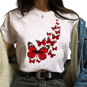 Keephen Vibrant Papillon T-Shirt Femmes Belle Color&eacute; Papillon Impression 3D Manches Courtes Blouse Casual Col Rond Tee Tops
