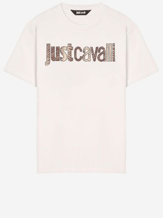 Just Cavalli Mens T-Shirt With Logo Beige Cotton T-Shirts And Polos