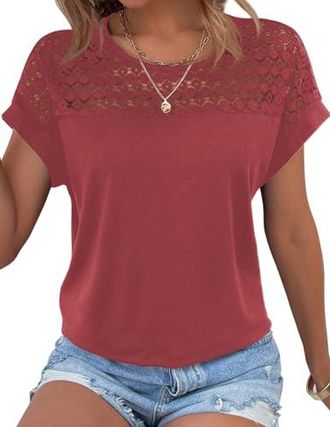 Zeagoo T-shirt d&eacute;t&eacute; en dentelle pour femme - Col rond - Basique - Manches courtes - &Eacute;l&eacute;gant pour femme, rouge bordeaux, XXL