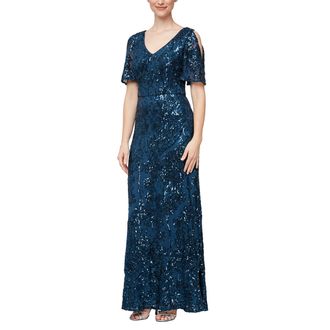 Alex Evenings Damen Langes Paillettenkleid f&uuml;r die Brautmutter mit Kalten Schultern, Flatter&auml;rmeln (Zierliche und Normale Gr&ouml;&szlig;en) Formales Abendkleid, Deep