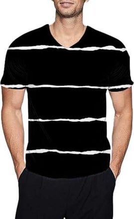 Generic T-shirt basique &agrave; rayures pour homme 2026 - Style d&eacute;contract&eacute; - Col en V - Imprim&eacute; &agrave; manches courtes - Pour entra&icirc;nement int&eacute;rieur et ext&eacute;rieur, Noir,