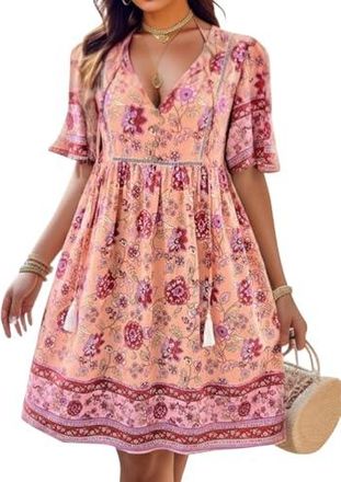 Onsoyours Robe Femme Été Vintage Boho Imprimé Florale Robe De Plage Impression Manche Courte Elegante Robe De Plage Mode Décontractée Robe D02 Rose 3XL