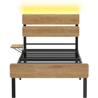 Vasagle Cadre de Lit 160 x 200 avec Sommier M&eacute;tal, Lit 2 Personnes, &Eacute;clairage LED, Port USB et TYPE-C, Espace de Rangement sous Le Lit, Style Industriel