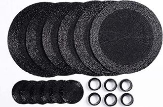 Penguin Home Set mit 18 Glasperlen-Platzdeckchen, Untersetzern und Serviettenringen - Schwarze Farbe - handgefertigt von erfahrenen indischen Kunsthandwerkern - 32