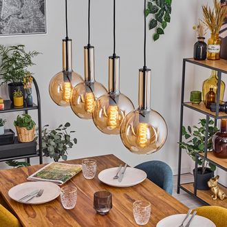 HOFSTEIN Hängeleuchte Tador, 4-flammige Hängelampe aus Metall/Glas in Schwarz/Bernsteinfarben, moderne Pendelleuchte im Retro/Vintage-Design (Schirme Ø 20 cm),