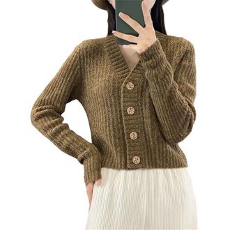 Generic Cardigan dhiver en cachemire pour femme, col en V, couleur unie, haut ample, manches longues, col en V, boutonn&eacute;, Caf&eacute;, XL