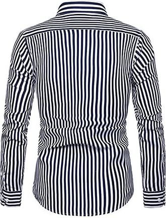Generic Chemise rayée décontractée à manches longues et col rabattu pour homme Taille 4, Noir, XL