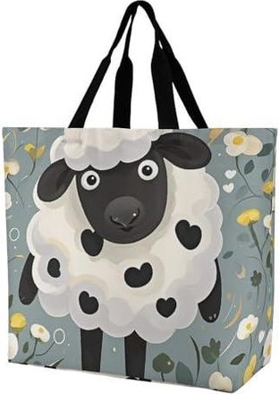 Generic Mouton Noir Et Blanc De Dessin Anim&eacute; Sac Courses R&eacute;utilisable Tote Bag Grand Sac A Main Femme Pour Voyage Universit&eacute; Gym