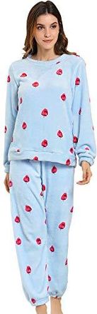 Allegra K Ensembles de Pyjama en Flanelle dhiver pour Femmes Haut et Pantalon de Nuit &agrave; Manches Longues imprim&eacute;s Mignons Bleu Fraise imprim&eacute; S