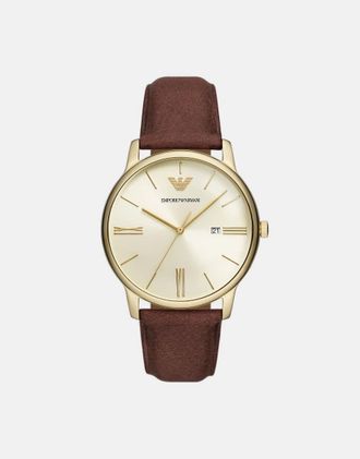 Emporio Armani Montre en cuir avec date et trois aiguilles - Marron