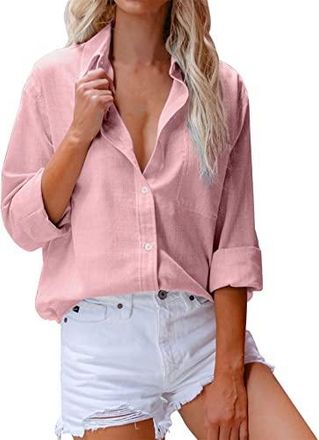 Generic Chemise Lin Femme Plage Chic Et &Eacute;l&eacute;gant Col en V Lin T-Shirt Blouse D&eacute;t&eacute; Tee Shirt Manches Courtes avec Boutons Couleur Unie Hauts Sexy Mode L&acirc;che Res