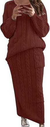 Generic Ensemble 2 pièces élégant pour femme - Automne - Jupe festive 2 pièces et haut élégant - Col rond - Manches longues - Pull en tricot stretch - Jupe mi
