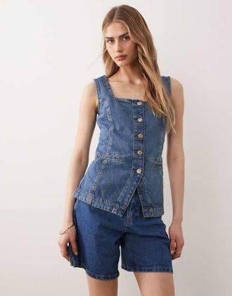 Nobody's Child Ezra - Gilet de tailleur en denim &agrave; encolure carr&eacute;e - Bleu moyen d&eacute;lav&eacute;
