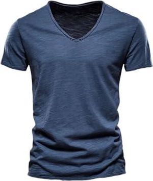 Generic T-shirt en coton pour homme, col en V, coupe ajustée, manches courtes, léger et doux, F037-v-bleu marine, L