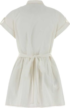 Miu Miu Womens White Cotton Blend Dress Bianco Exterior: Linen Abiti