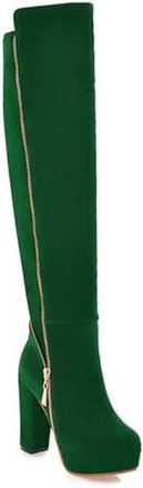 Generic Vert,42 EU,Bottes rétro au-Dessus du Genou pour Femmes, Cuissardes Hautes, Talons épais, Daim Extensible, Automne-Hiver, Confortables, Bout Rond, Plat