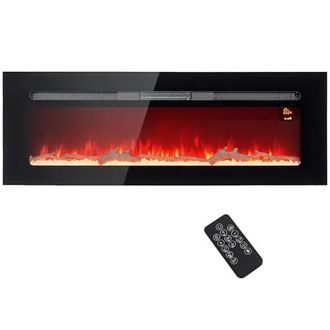 HOMCOM Cheminée électrique 1800 W Mural ou encastrable Fausse cheminée avec Effet Flamme en LED 3 Couleurs 5 luminosités, bûche et Cristal, minuterie, tempér