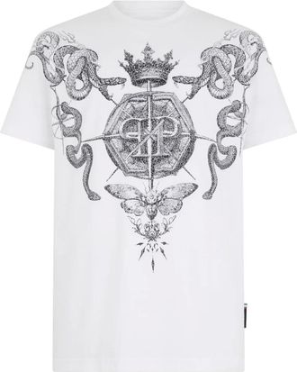 Philipp Plein Homme, Tops, Blanc, Taille: 2XL T-Shirt Col Rond Rose des Vents Tatouage