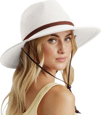 Dreshow Damen Panama Hut Sommer Breiter Krempe Stroh Fedora Sommerhut Strandhut UV Sonnenhut mit Kinnriemen Verstellbare Strohhut UPF 50 +