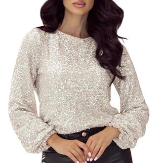 Generic Chemisier &agrave; paillettes pour femme &agrave; manches longues et paillettes - Chemisiers &agrave; manches bouffantes - Chemisiers d&eacute;contract&eacute;s pour sortir, f&ecirc;te, coule