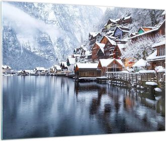 Arttor Bilder auf Glas Landschaft Bergsiedlung Winter Glasbild 70x50cm Wandbilder Dekoration Wohnzimmer Schlafzimmer Küche Deko Klein Wanddeko Bild im Glas W