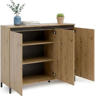 Dmora Kommode Bloemfontein, Wohnzimmerbuffet, Wohnzimmer-Sideboard, Moderne K&uuml;chen-Speisekammer, Made in Italy, 138x110h40 cm, Gl&auml;nzendes Wei&szlig; und Anthrazit