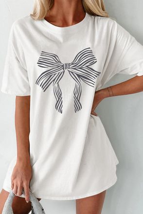 Azura Exchange Wei&szlig; gestreifte Schleifen-Knoten Halbarm-Tunika T-Shirt