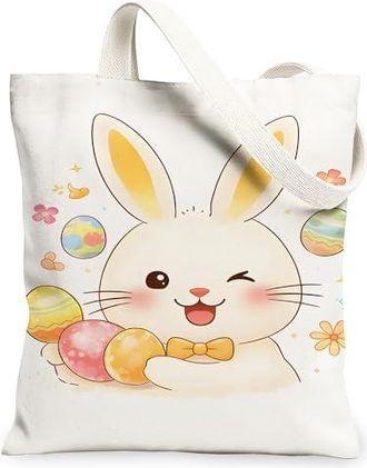 Generic Sacs fourre-tout en toile motif lapin de P&acirc;ques, sacs r&eacute;utilisables, motif floral printanier, l&eacute;ger, lavable, bandouli&egrave;re en toile F, blanc, 13x15 Inc