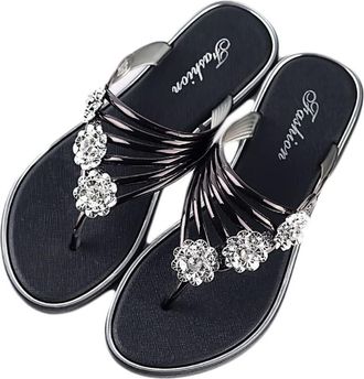 Onsoyours Sandalen Damen Strand Hausschuhe Sommer Freizeit Flip Flops Bohemian Sommerschuhe Flach Zehentrenner mit Strass A Schwarz 37 EU