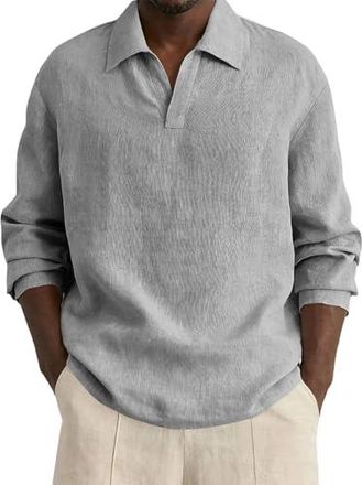 Generic Polo en coton et lin pour homme - Manches longues - Col &agrave; revers - Col en V - Couleur unie - Coupe ample - Costume extensible pour l&eacute;t&eacute;, Cendr&eacute; clair,