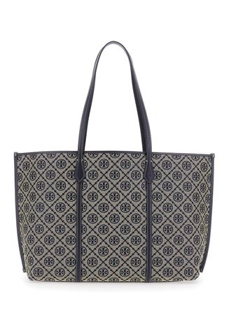 Tory Burch Womens Tote Bag Perry T Monogram Blue Cotton