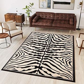 Tapiso Atlas Tapis Poils Ras Moderne Ocre Noir Motif Animalier Tapis Z&egrave;bre Bordure Tapis Salon Chambre Adulte Salle &agrave; Manger Bureau Oeko-TEX R&eacute;sistant 250 x 