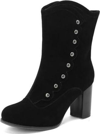 Generic Bottines r&eacute;tro habill&eacute;es pour femme avec fermeture &eacute;clair lat&eacute;rale en velours bout rond bloc talon haut confort hiver chaud, Noir, 37.5 EU