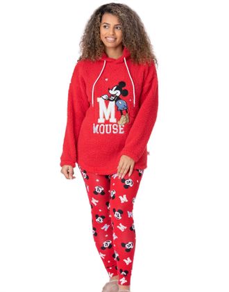 Disney Mickey Mouse Damen Pyjamas Set | Erwachsene Damen Red Borg Hoodie mit Legginghose | Gestickte Zeichentrickfigur Silber Gold | Merchandise Geschenke