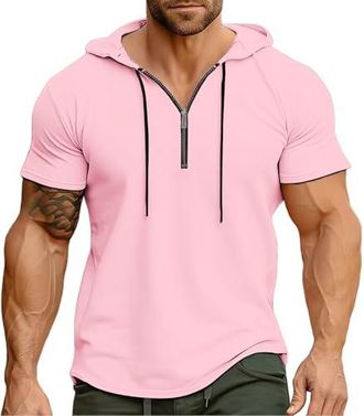 Generic T-shirt &agrave; capuche pour homme - Fermeture &eacute;clair 1/4 - Manches courtes - Pull dentra&icirc;nement - Pull de gym - Chemise muscle d&eacute;t&eacute; avec capuche - T-shirt 