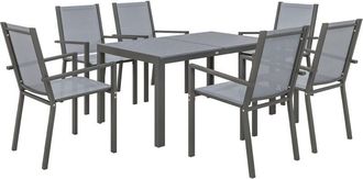OUTSUNNY Ensemble salon de jardin repas - ensemble repas ext&eacute;rieur - 6 chaises empilables grande table effet bois - acier textil&egrave;ne gris