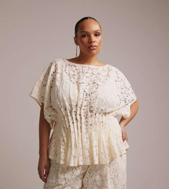 Asos Curve ASOS DESIGN Curve - Top de mari&eacute;e densemble en dentelle &agrave; manches courtes-Blanc