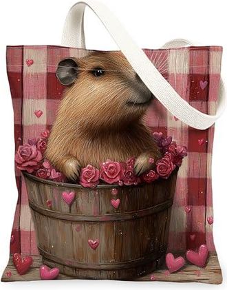 Generic Joli sac fourre-tout en toile Capybara pour faire du shopping 33 x 38,1 cm, sac &agrave; bandouli&egrave;re r&eacute;utilisable pour femme, peinture animale, d&eacute;coration ca