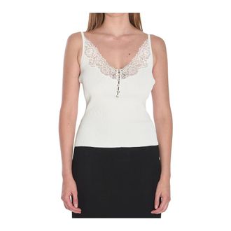 Self Portrait Rippstrick-Top mit Spitzenbesatz und V-Ausschnitt - - Tops - Damen - Wei&szlig; - L