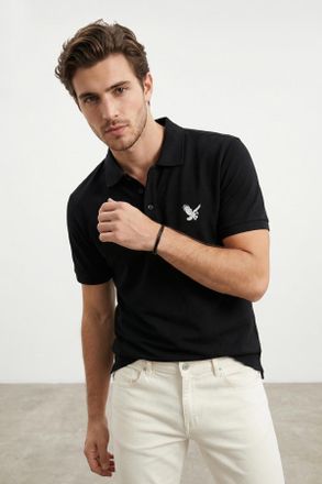 Trendyol MAN Herren Schwarz Bestickt Kurz Regular Fit Poloshirts