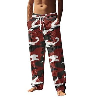 Generic Pantalon baggy en coton et lin pour homme 2026 d&eacute;contract&eacute; tendance ample imprim&eacute; camouflage 3D pantalon respirant, Rouge, 3XL