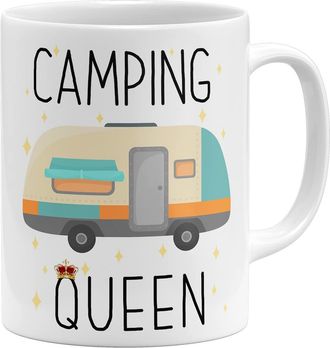 OM3 lustige Tasse mit Spruch - Camping Queen | Keramik Becher | 11oz 325ml | Beidseitig Bedruckt | Weiss
