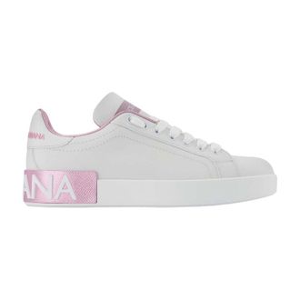 Dolce & Gabbana Womens Portofino Sneakers - Dolce & Gabbana White-Pink Leather Calfskin Shoes